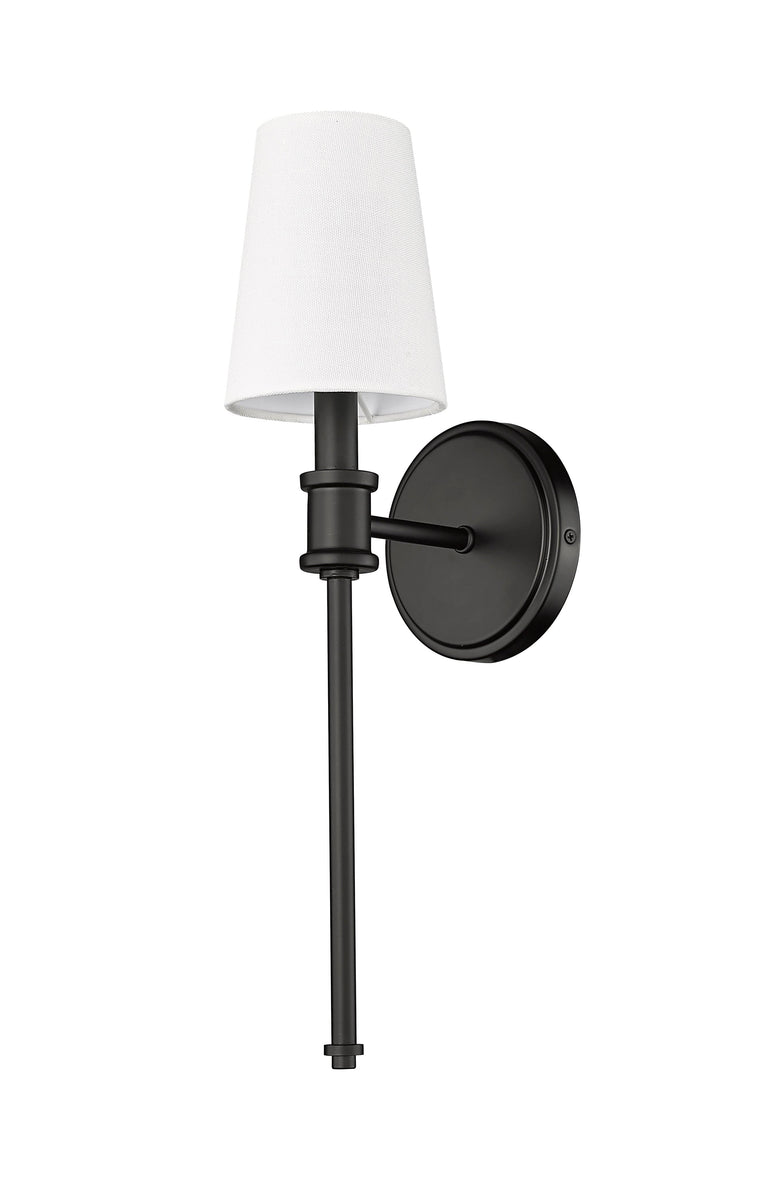 Wall Sconce - Matte Black - White Linen Shade - 6.5in. Extension - E12